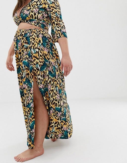 ASOS CURVE + Tropical Animal Print Maxi Skirt with Split Front Two-Piece