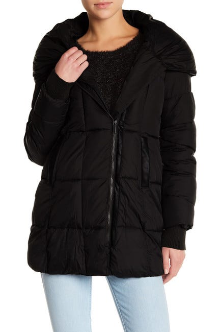 French Connection + Faux Leather Trim Mid Asymmetrical Zip Puffer Jacket