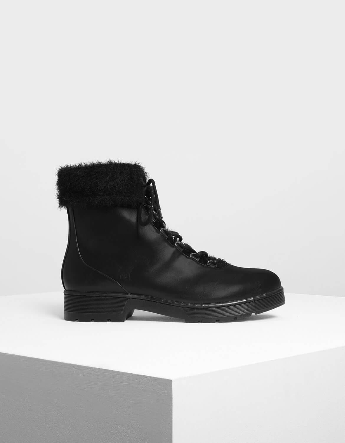Charles & Keith + Furry Cuff Combat Boots