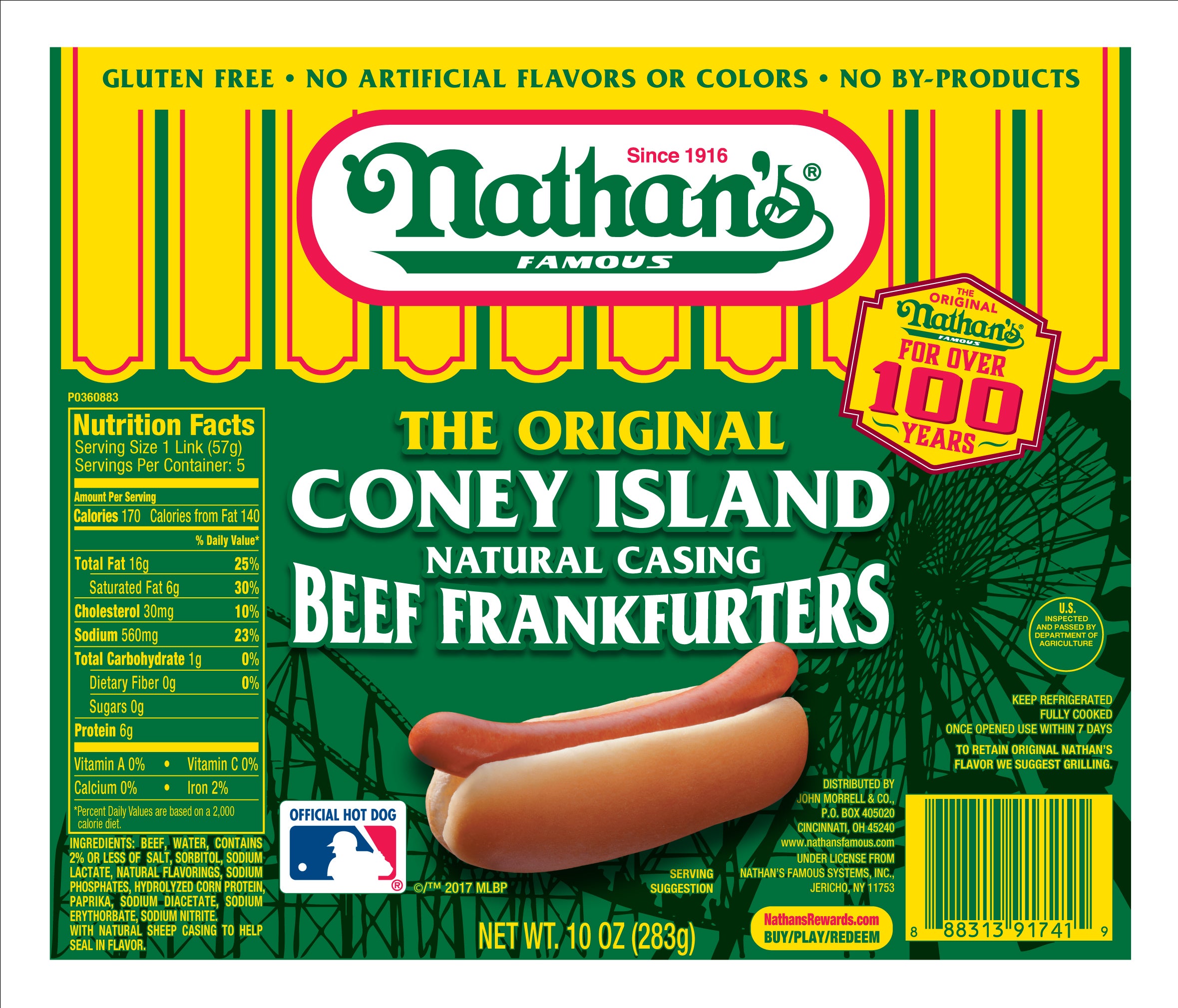 Nathan's + Famous Bun Length Beef Franks, Skinless, 0.75 Lb