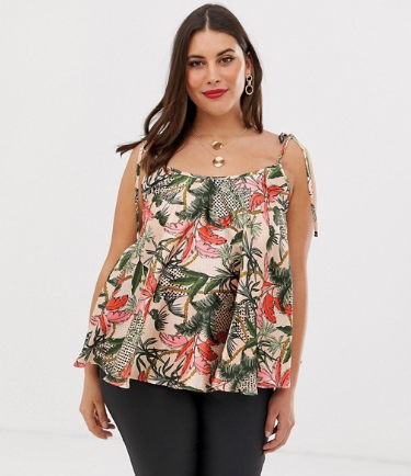 ASOS DESIGN Curve + Curve Tie Shoulder Satin Swing Cami