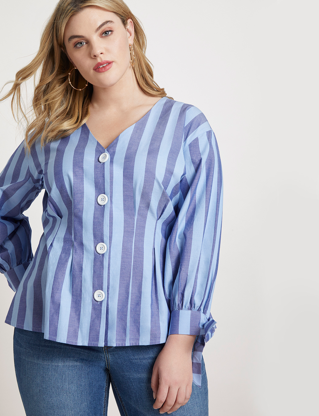 Eloquii + Striped Pleated Button Front Top