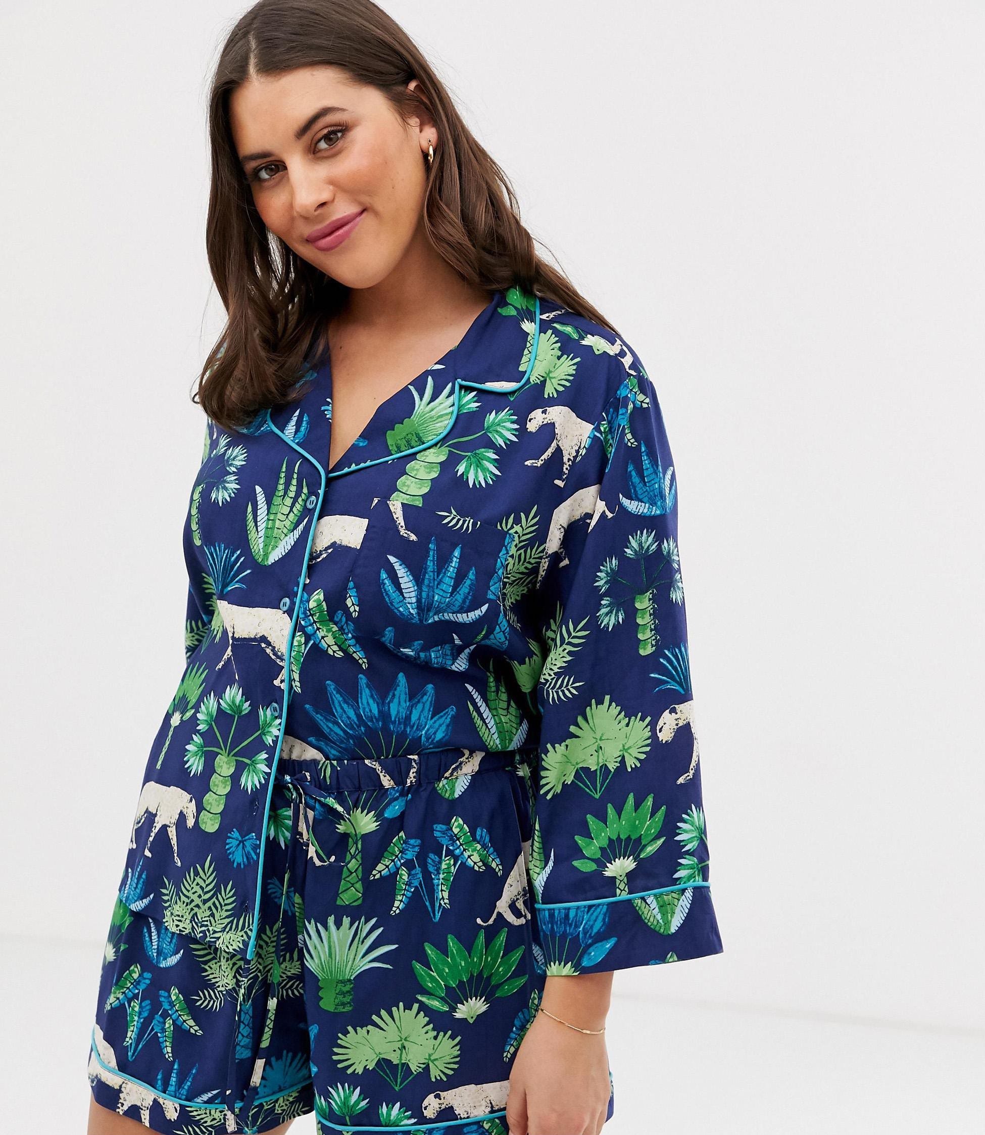 ASOS CURVE + Curve Botanical Leopard Pajama Short Set
