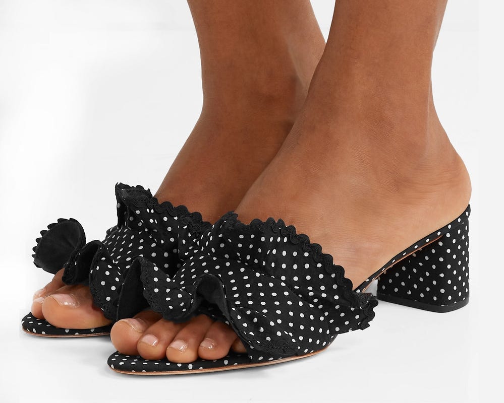 Loeffler Randall + Ruffled Polka-dot Canvas Mules