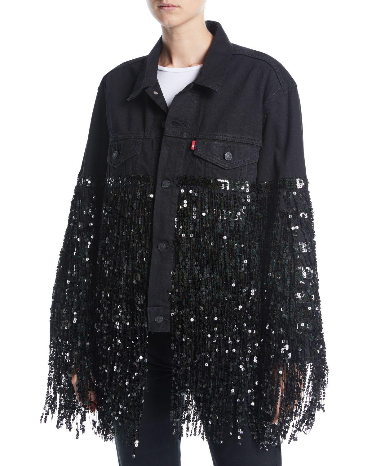 Romance Was Born + Long-Sleeve Button-Front Sequin-Fringe Denim Jacket
