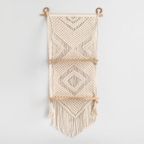 Cost Plus World Market + White Macrame and Wood 2 Tier Wall Shelf