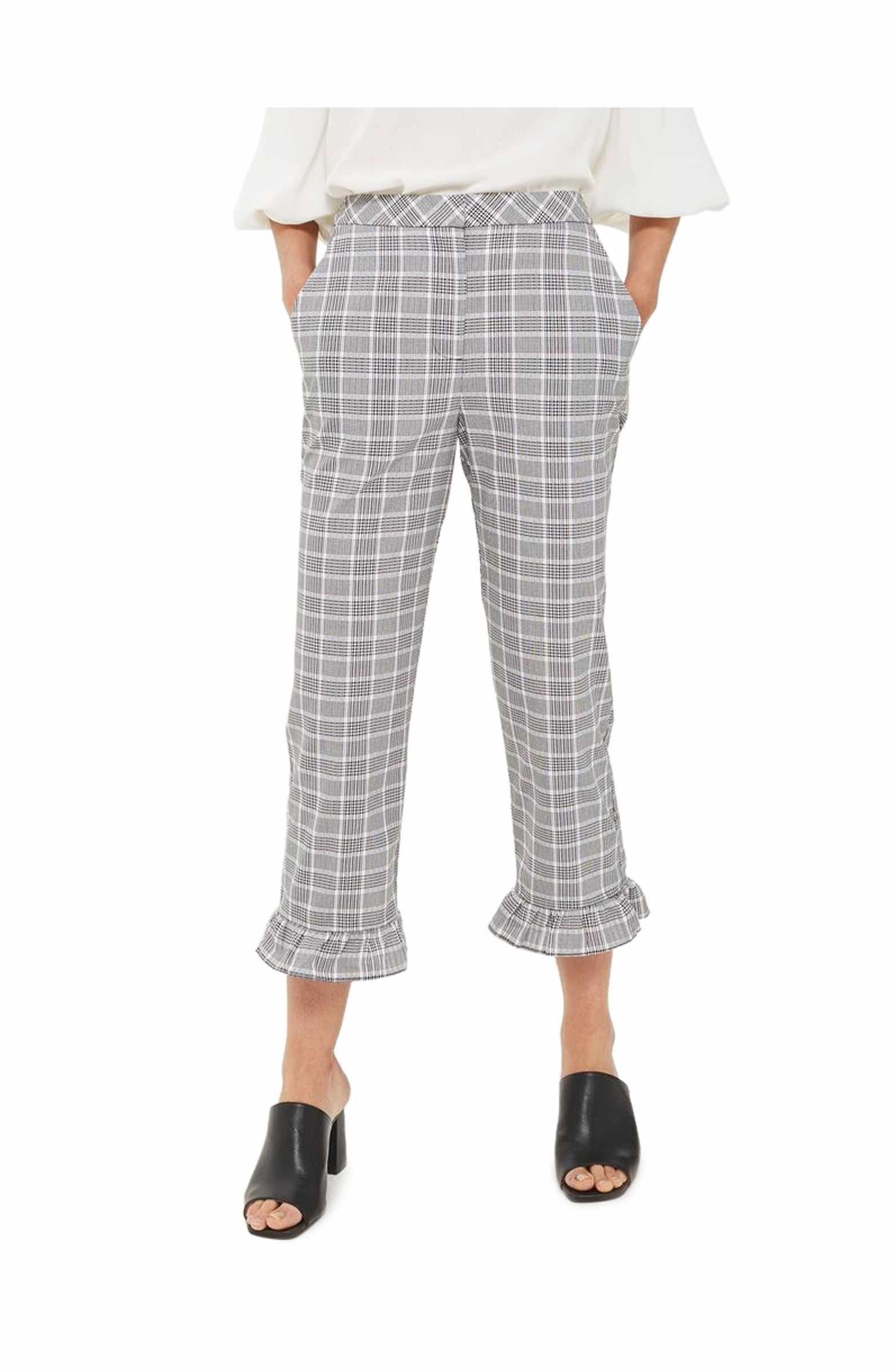 Topshop + Slim Fit Check Ruffle Capri Pants